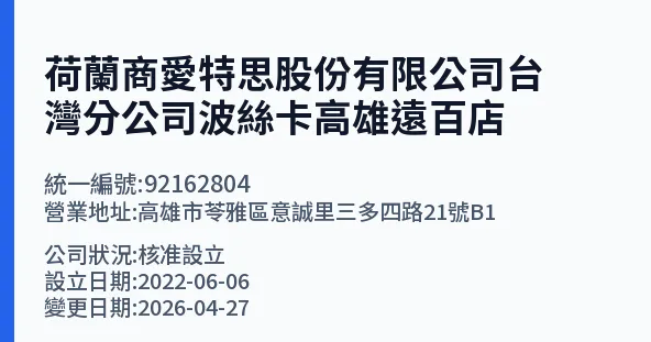 荷蘭商愛特思股份有限公司台灣分公司波絲卡高雄遠百店的照片-統編 92162804(高雄市) 公司登記資料與營業項目詳細圖表