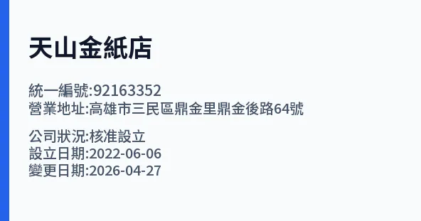 天山金紙店的照片-統編 92163352(高雄市) 公司登記資料與營業項目詳細圖表