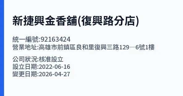 新捷興金香舖(復興路分店)的照片-統編 92163424(高雄市) 公司登記資料與營業項目詳細圖表