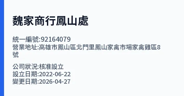 魏家商行鳳山處的照片-統編 92164079(高雄市) 公司登記資料與營業項目詳細圖表