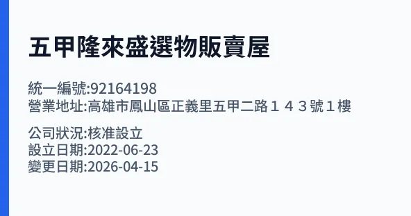 五甲隆來盛選物販賣屋的照片-統編 92164198(高雄市) 公司登記資料與營業項目詳細圖表