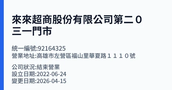 來來超商股份有限公司第二０三一門市的照片-統編 92164325(高雄市) 公司登記資料與營業項目詳細圖表