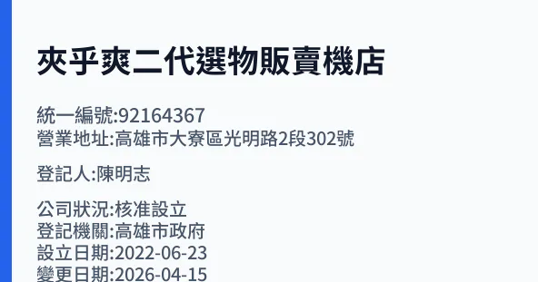 夾乎爽二代選物販賣機店的照片-統編 92164367(高雄市) 公司登記資料與營業項目詳細圖表