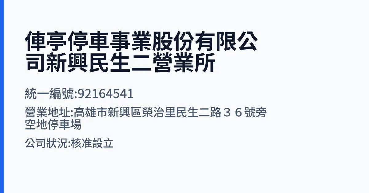 俥亭停車事業股份有限公司新興民生二營業所 - 統編 92164541(高雄市) 公司登記資料與營業項目詳細圖表