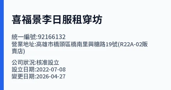 喜福景李日服租穿坊的照片-統編 92166132(高雄市) 公司登記資料與營業項目詳細圖表