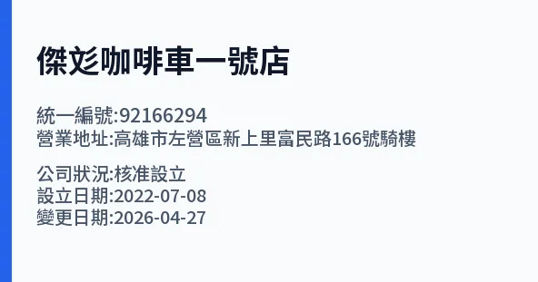 傑彣咖啡車一號店的照片-統編 92166294(高雄市) 公司登記資料與營業項目詳細圖表