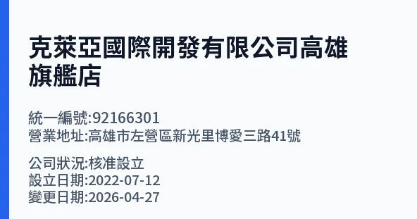 克萊亞國際開發有限公司高雄旗艦店的照片-統編 92166301(高雄市) 公司登記資料與營業項目詳細圖表
