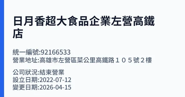 日月香超大食品企業左營高鐵店的照片-統編 92166533(高雄市) 公司登記資料與營業項目詳細圖表