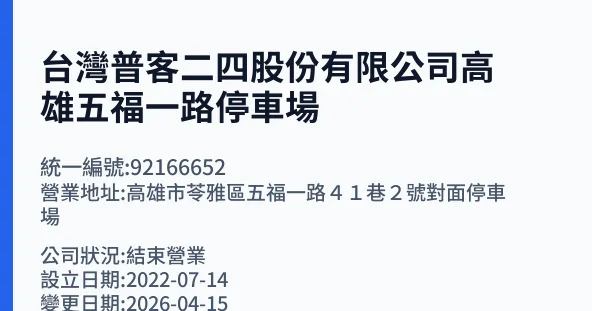 台灣普客二四股份有限公司高雄五福一路停車場的照片-統編 92166652(高雄市) 公司登記資料與營業項目詳細圖表