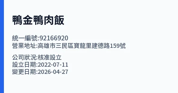 鴨金鴨肉飯的照片-統編 92166920(高雄市) 公司登記資料與營業項目詳細圖表