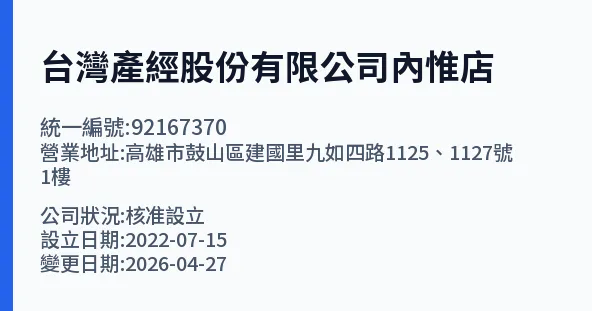 台灣產經股份有限公司內惟店的照片-統編 92167370(高雄市) 公司登記資料與營業項目詳細圖表