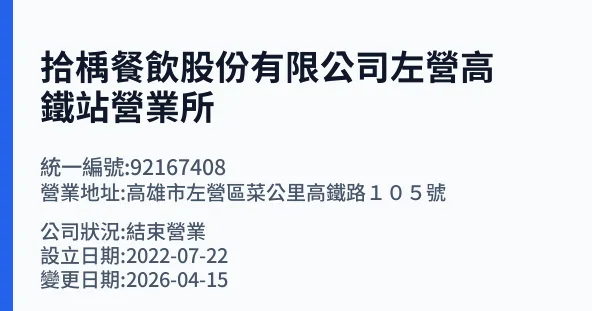 拾楀餐飲股份有限公司左營高鐵站營業所的照片-統編 92167408(高雄市) 公司登記資料與營業項目詳細圖表