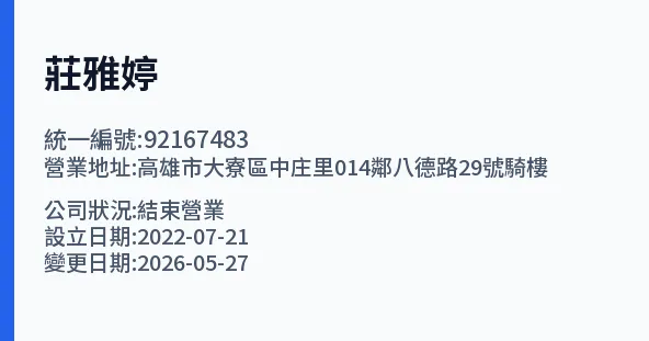 莊雅婷的照片-統編 92167483(高雄市) 公司登記資料與營業項目詳細圖表