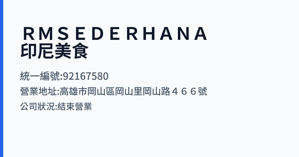 RMSEDERHANA印尼美食 - 統編 92167580(高雄市) 公司登記資料與營業項目詳細圖表