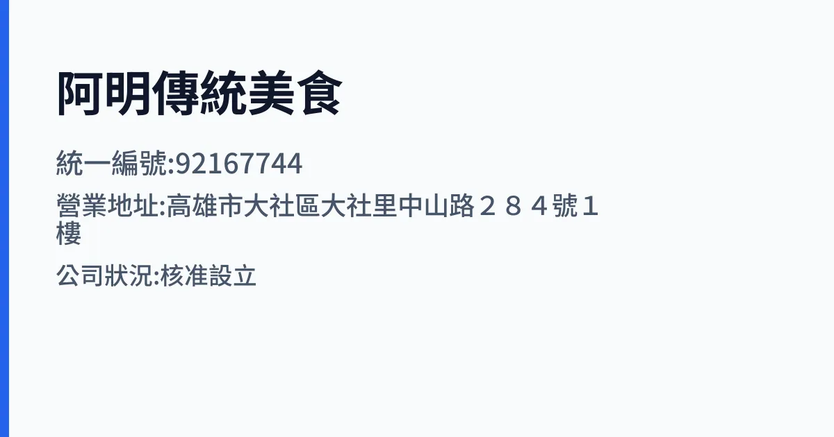 阿明傳統美食 - 統編 92167744(高雄市) 公司登記資料與營業項目詳細圖表