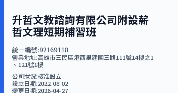 升哲文教諮詢有限公司附設薪哲文理短期補習班的照片-統編 92169118(高雄市) 公司登記資料與營業項目詳細圖表