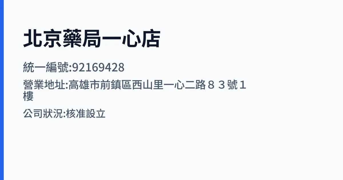 北京藥局一心店 - 統編 92169428(高雄市) 公司登記資料與營業項目詳細圖表