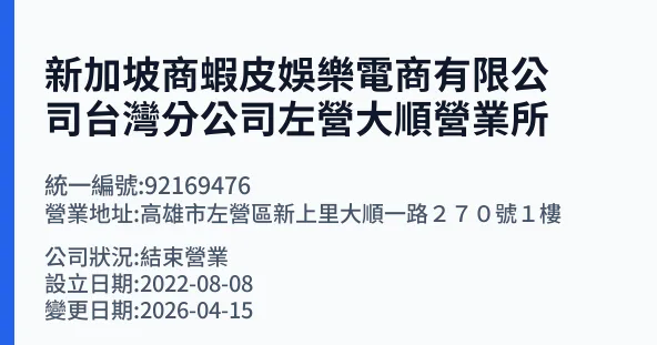 新加坡商蝦皮娛樂電商有限公司台灣分公司左營大順營業所的照片-統編 92169476(高雄市) 公司登記資料與營業項目詳細圖表