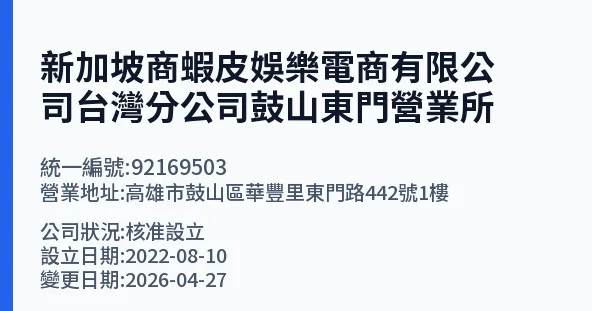 新加坡商蝦皮娛樂電商有限公司台灣分公司鼓山東門營業所的照片-統編 92169503(高雄市) 公司登記資料與營業項目詳細圖表