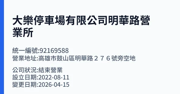 大樂停車場有限公司明華路營業所的照片-統編 92169588(高雄市) 公司登記資料與營業項目詳細圖表