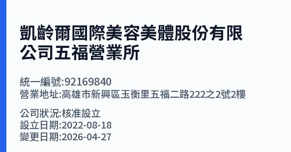 凱齡爾國際美容美體股份有限公司五福營業所的照片-統編 92169840(高雄市) 公司登記資料與營業項目詳細圖表