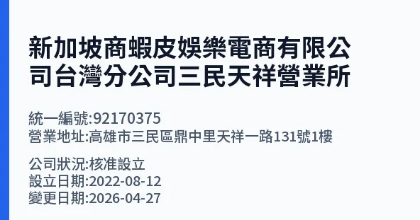 新加坡商蝦皮娛樂電商有限公司台灣分公司三民天祥營業所的照片-統編 92170375(高雄市) 公司登記資料與營業項目詳細圖表