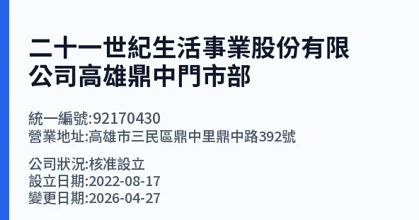 二十一世紀生活事業股份有限公司高雄鼎中門市部的照片-統編 92170430(高雄市) 公司登記資料與營業項目詳細圖表