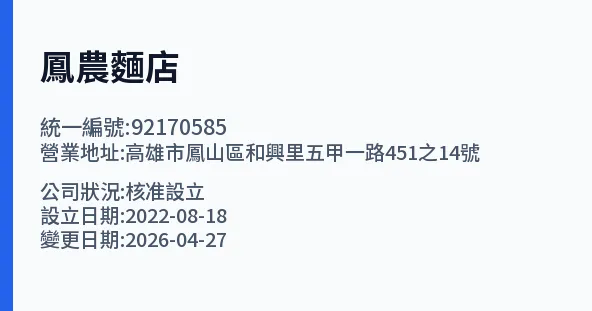 鳳農麵店的照片-統編 92170585(高雄市) 公司登記資料與營業項目詳細圖表