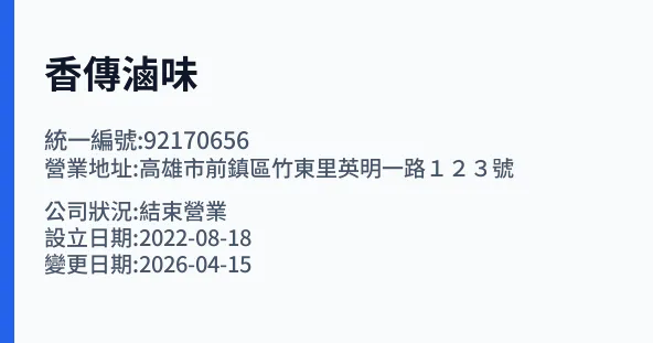 香傳滷味的照片-統編 92170656(高雄市) 公司登記資料與營業項目詳細圖表