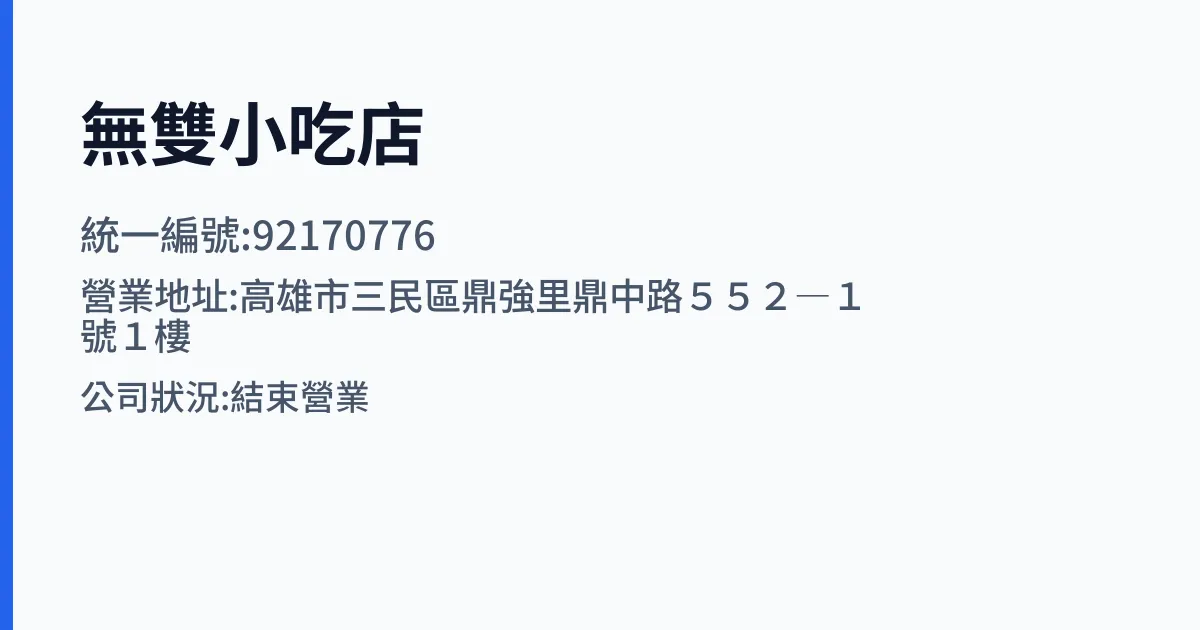 無雙小吃店 - 統編 92170776(高雄市) 公司登記資料與營業項目詳細圖表