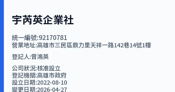 宇芮英企業社的照片-統編 92170781(高雄市) 公司登記資料與營業項目詳細圖表