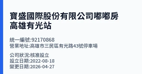 寶盛國際股份有限公司嘟嘟房高雄有光站的照片-統編 92170868(高雄市) 公司登記資料與營業項目詳細圖表