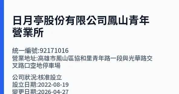 日月亭股份有限公司鳳山青年營業所的照片-統編 92171016(高雄市) 公司登記資料與營業項目詳細圖表
