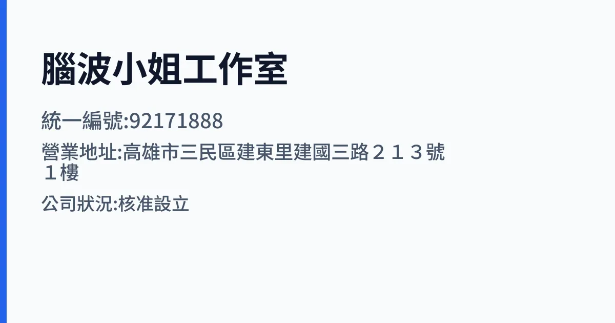 腦波小姐工作室 - 統編 92171888(高雄市) 公司登記資料與營業項目詳細圖表