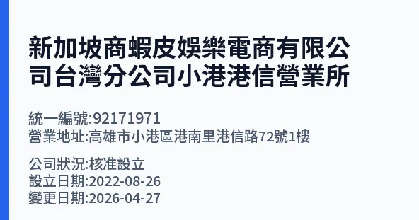 新加坡商蝦皮娛樂電商有限公司台灣分公司小港港信營業所的照片-統編 92171971(高雄市) 公司登記資料與營業項目詳細圖表