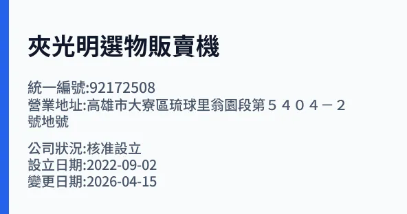 夾光明選物販賣機的照片-統編 92172508(高雄市) 公司登記資料與營業項目詳細圖表