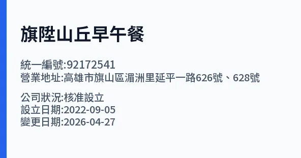 旗陞山丘早午餐的照片-統編 92172541(高雄市) 公司登記資料與營業項目詳細圖表