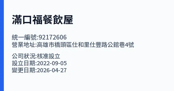 滿口福餐飲屋的照片-統編 92172606(高雄市) 公司登記資料與營業項目詳細圖表
