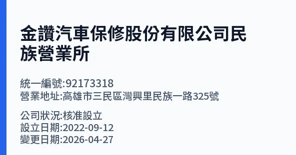 金讚汽車保修股份有限公司民族營業所的照片-統編 92173318(高雄市) 公司登記資料與營業項目詳細圖表