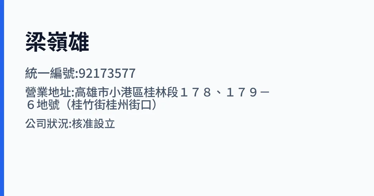 梁嶺雄 - 統編 92173577(高雄市) 公司登記資料與營業項目詳細圖表