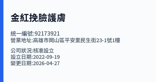 金紅挽臉護膚的照片-統編 92173921(高雄市) 公司登記資料與營業項目詳細圖表