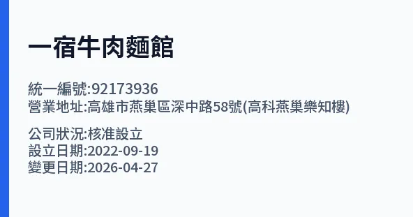 一宿牛肉麵館的照片-統編 92173936(高雄市) 公司登記資料與營業項目詳細圖表