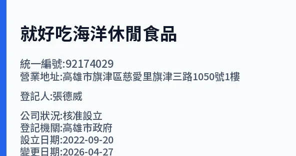 就好吃海洋休閒食品的照片-統編 92174029(高雄市) 公司登記資料與營業項目詳細圖表