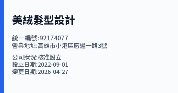 美絨髮型設計的照片-統編 92174077(高雄市) 公司登記資料與營業項目詳細圖表