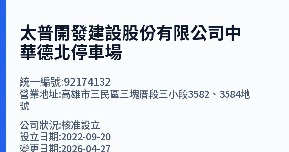 太普開發建設股份有限公司中華德北停車場的照片-統編 92174132(高雄市) 公司登記資料與營業項目詳細圖表