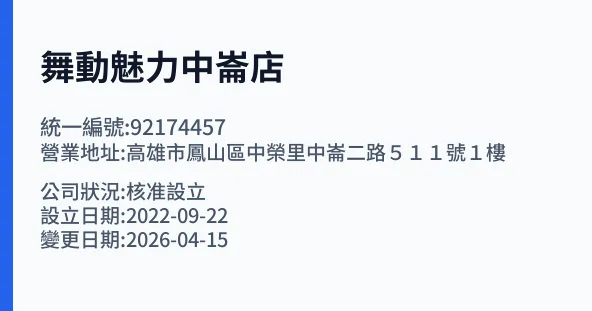 舞動魅力中崙店的照片-統編 92174457(高雄市) 公司登記資料與營業項目詳細圖表