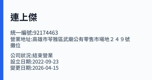 連上傑的照片-統編 92174463(高雄市) 公司登記資料與營業項目詳細圖表