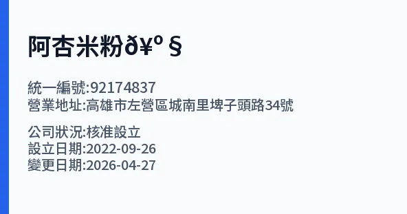阿杏米粉𥺧的照片-統編 92174837(高雄市) 公司登記資料與營業項目詳細圖表