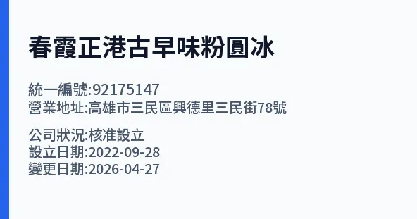 春霞正港古早味粉圓冰的照片-統編 92175147(高雄市) 公司登記資料與營業項目詳細圖表