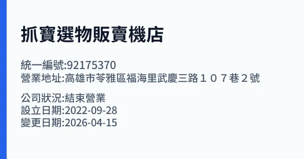 抓寶選物販賣機店的照片-統編 92175370(高雄市) 公司登記資料與營業項目詳細圖表
